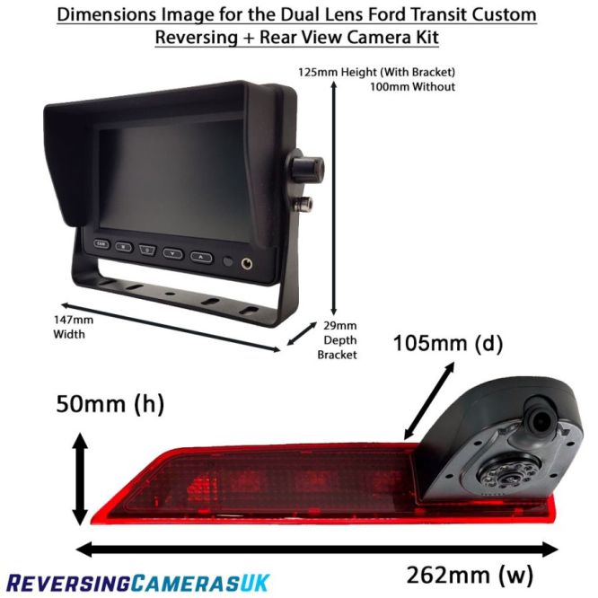 5" Dash Monitor & Dual Lens Brake Light Reversing Camera Kit for Ford Transit Custom (2012–2024 ...