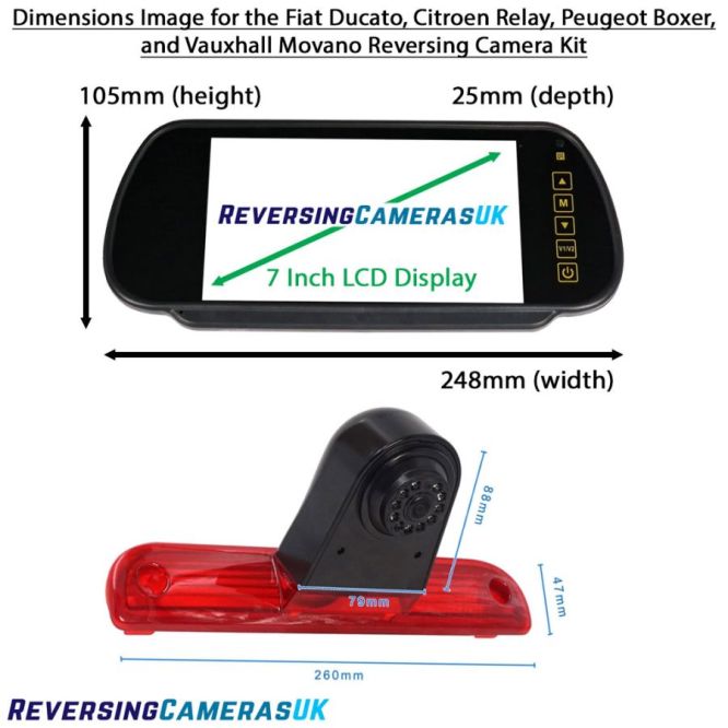 7" Mirror Monitor & Brake Light Reversing Camera Kit for Fiat Ducato, Peugeot Boxer, Citroen ...