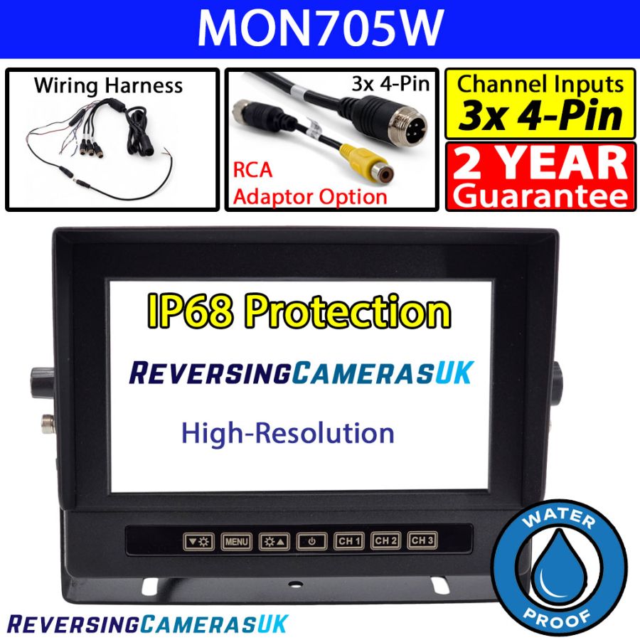 IP68 Dust/Waterproof 7" High-Resolution LCD Monitor Display for Reverse ...